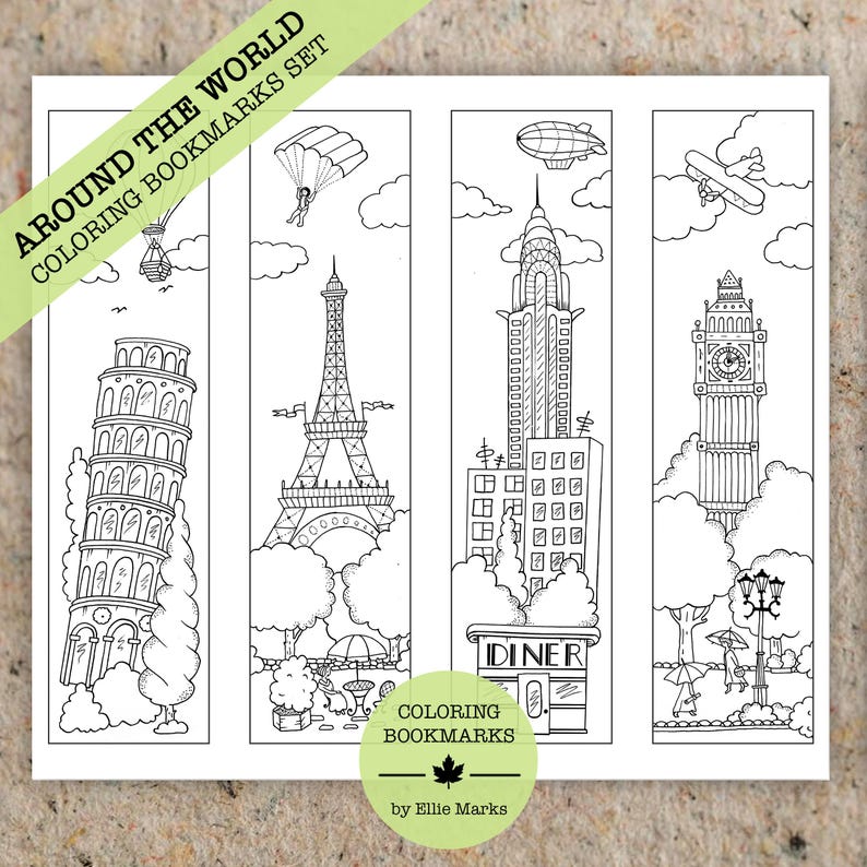 Around the World Coloring Bookmarks: Adult Coloring Page (PDF) - Etsy