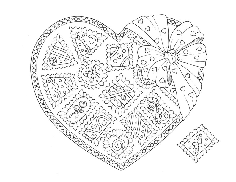 Heart of Chocolates Coloring Page - Etsy