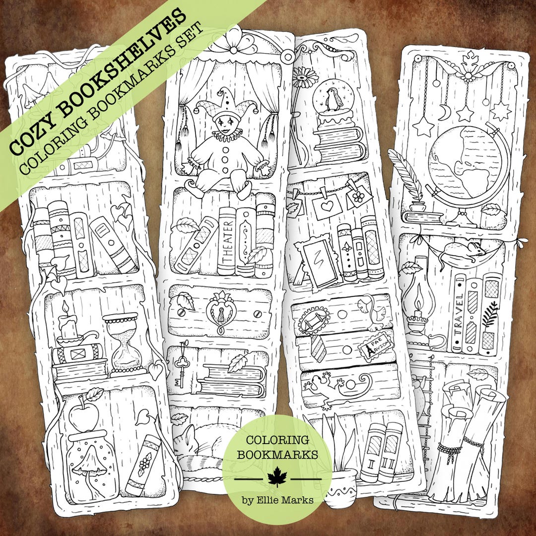 Cozy Bookshelves Coloring Bookmarks: Printable Adult Coloring (PDF JPG ...