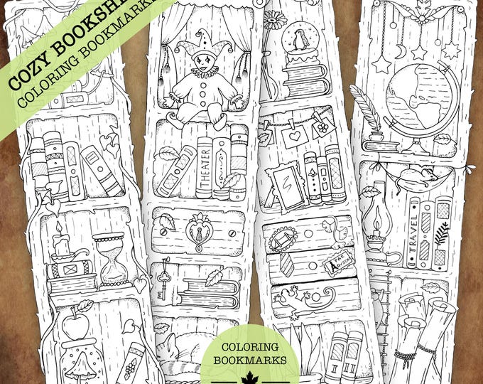 Cozy Bookshelves Coloring Bookmarks: Printable Adult Coloring (PDF JPG ...