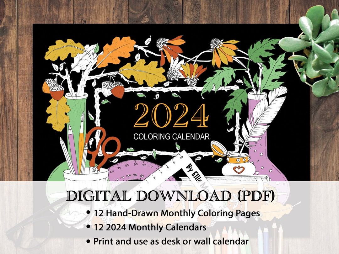 2024 Monthly Coloring Calendar (desk or Wall) - Print at Home PDF - Etsy