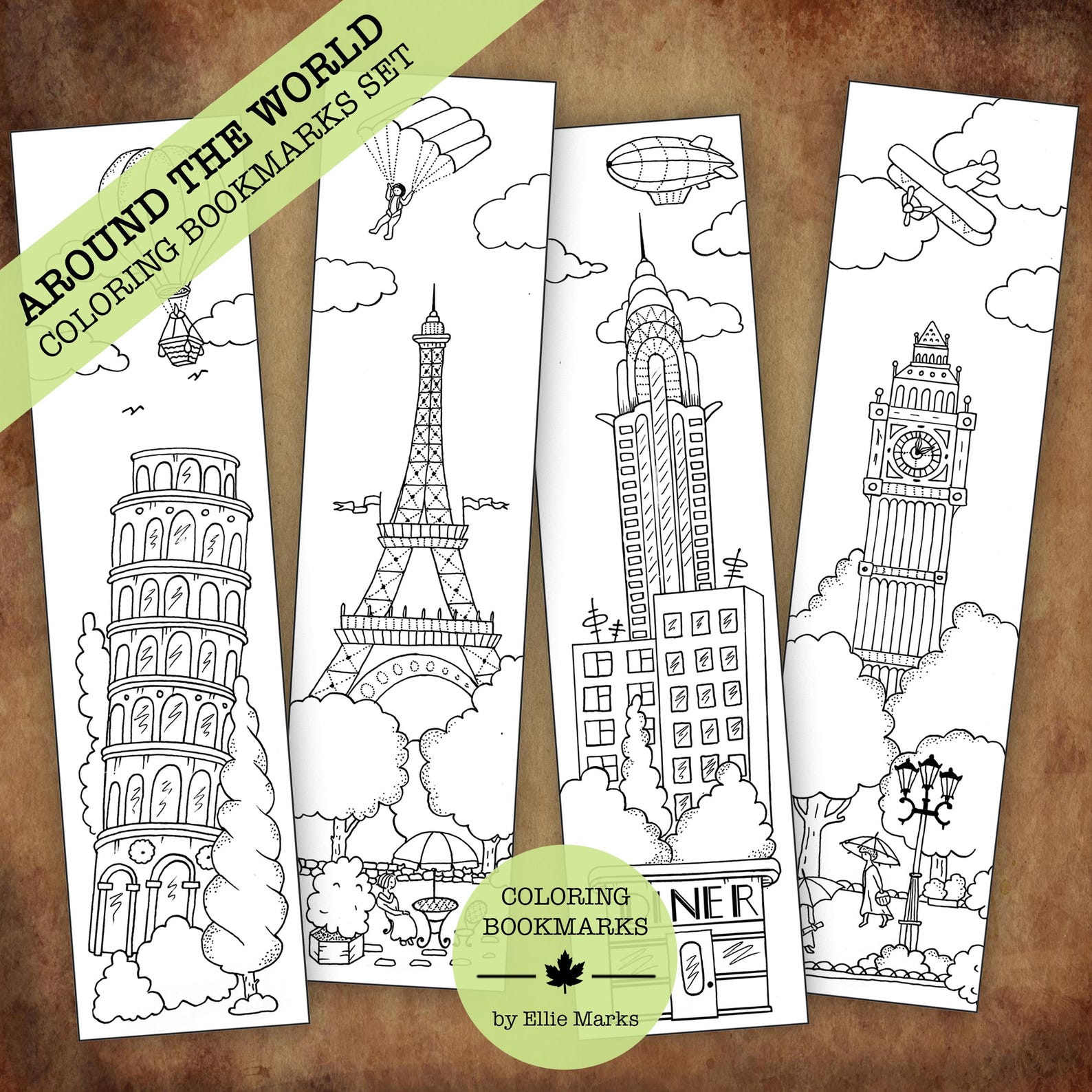 Around the World Coloring Bookmarks: Adult Coloring Page (PDF) - Etsy
