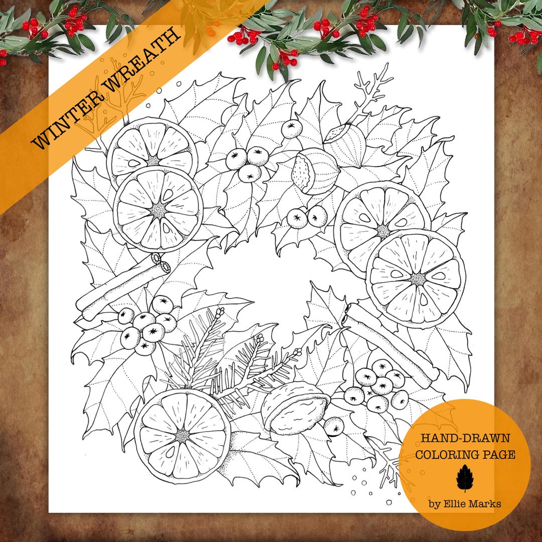 Winter Wreath Coloring Page: Christmas Holiday Illustration (PDF) - Etsy