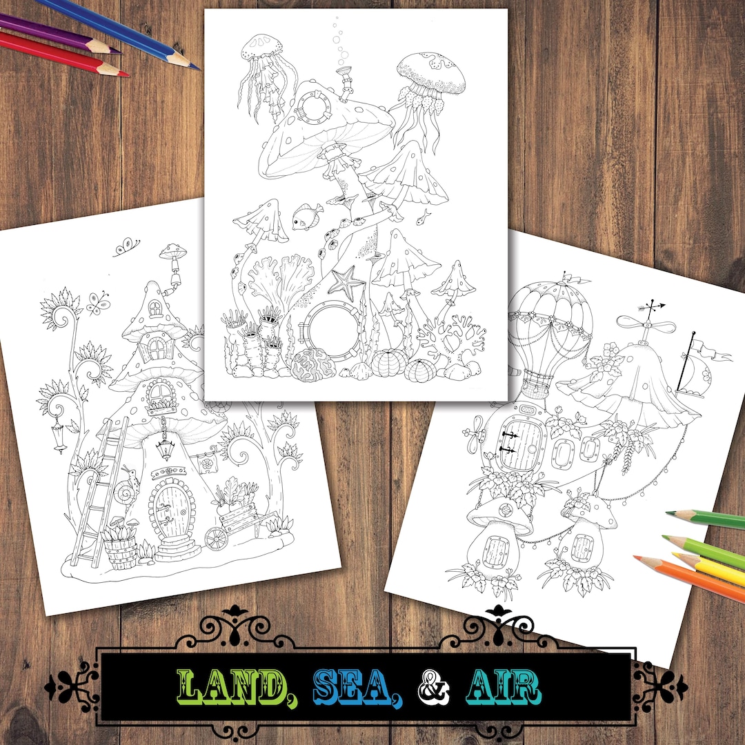 Mushroom Cottagecore Coloring Pages: Steampunk Whimsical Art (digital ...