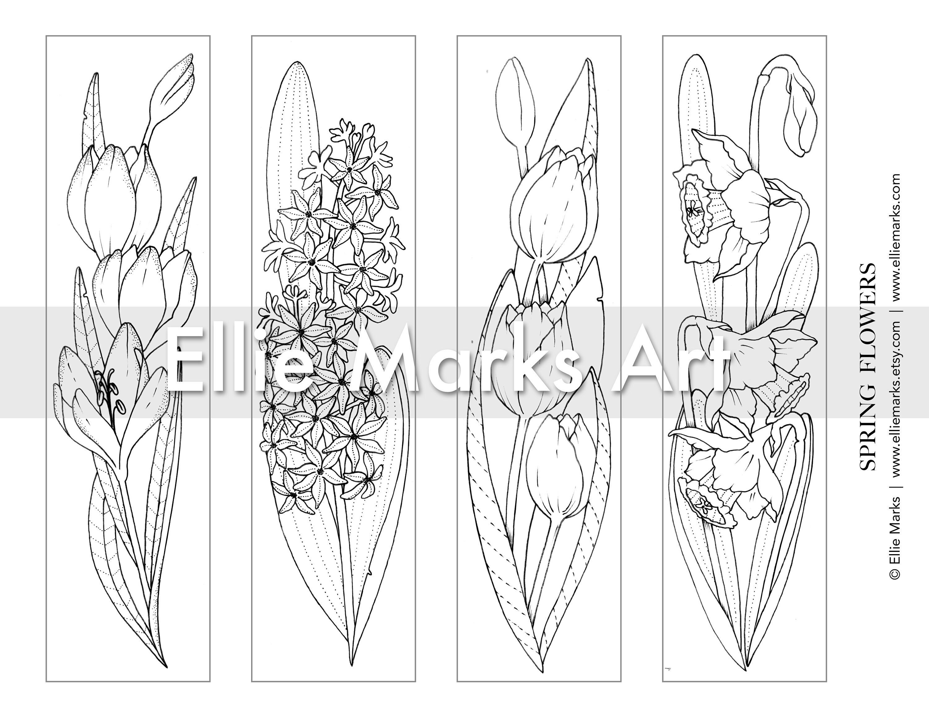 SPRING FLOWERS Coloring Bookmarks: 4 Hand-drawn Printable Bookmarks - Etsy