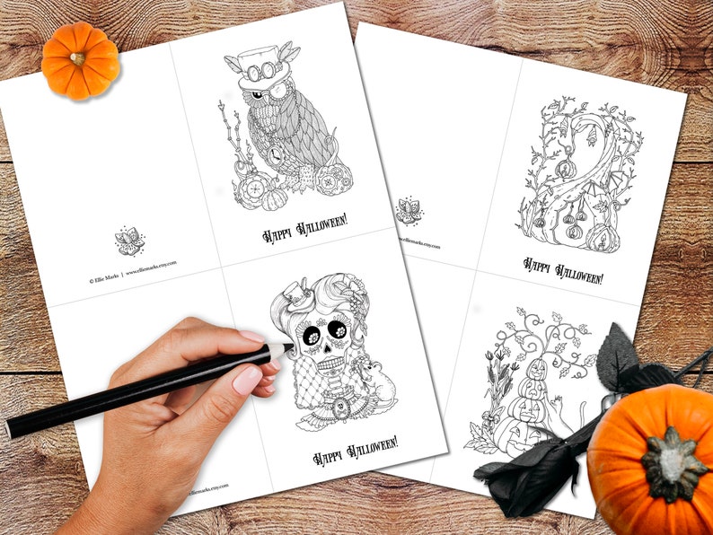 Set of 10 Printable Coloring Halloween Greeting Cards - PDF - Etsy