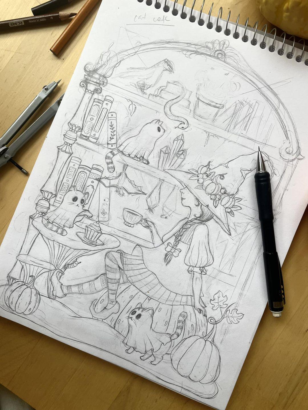Spooky Cat Cafe Coloring Page: Halloween Witch & Ghost Kitties (JPG PDF ...