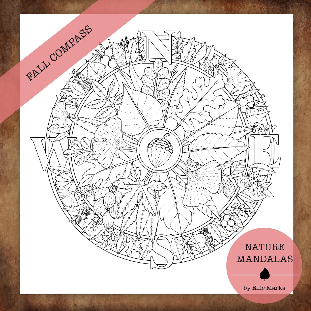 Fall Compass Coloring Page | Premium Adult Nature Mandala (PDF) - Etsy