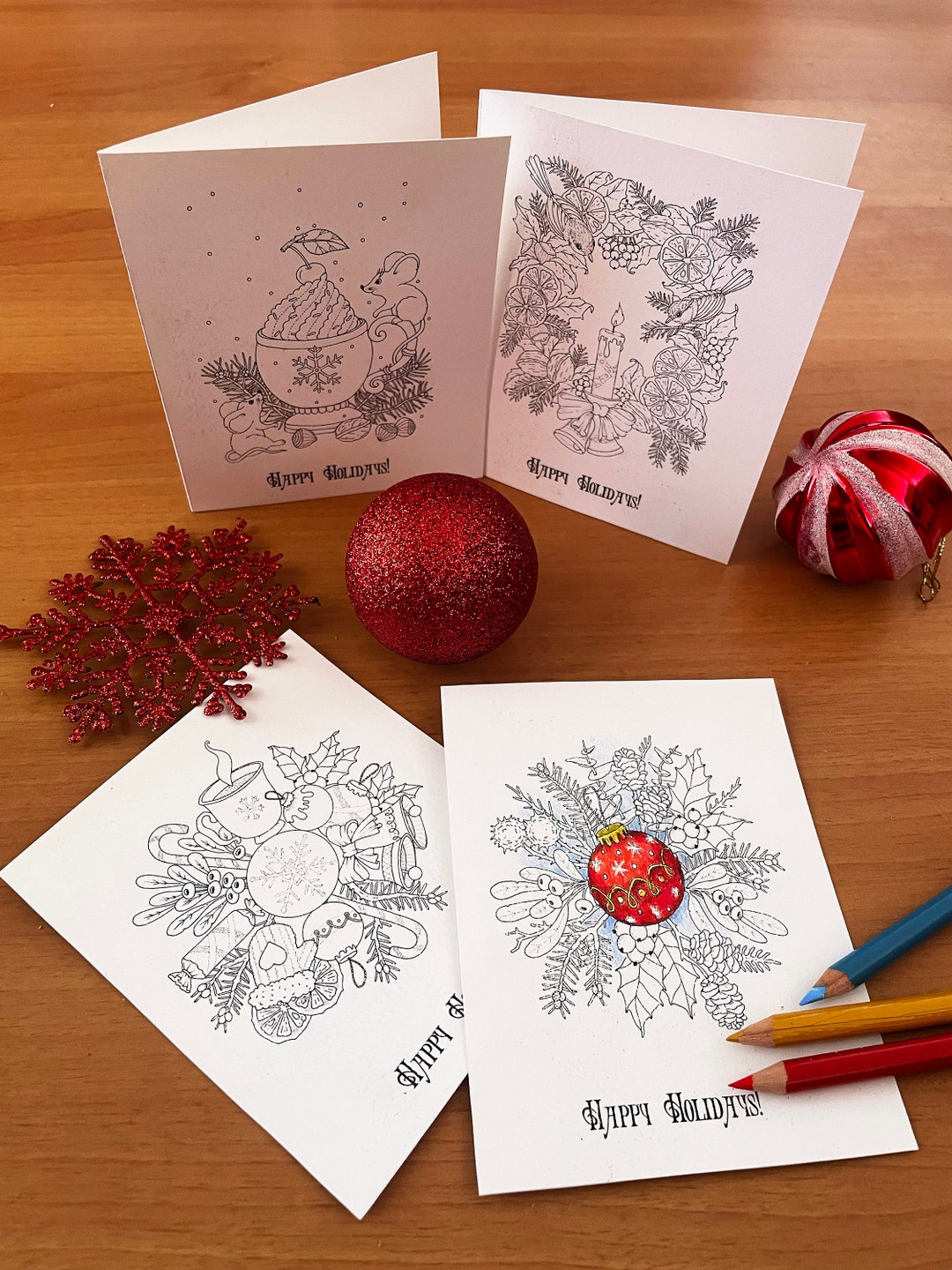 Set of 10 Printable Coloring Christmas/holiday Greeting Cards ...