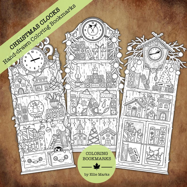 Christmas Clocks Coloring Bookmarks: Hand-drawn Winter Holidays Designs ...