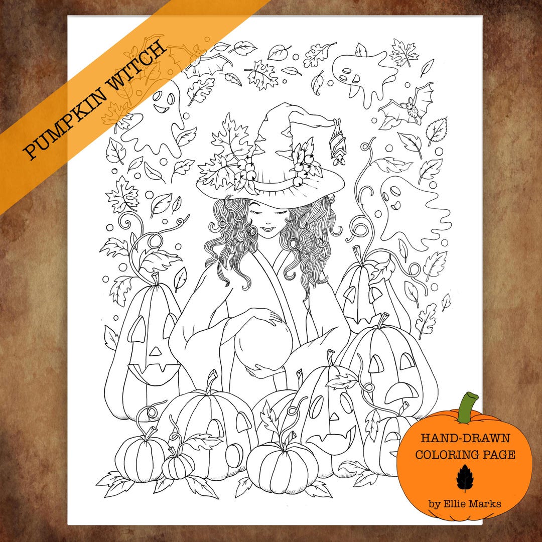 Pumpkin Witch Coloring Page: Halloween Adult Printable (PDF) - Etsy