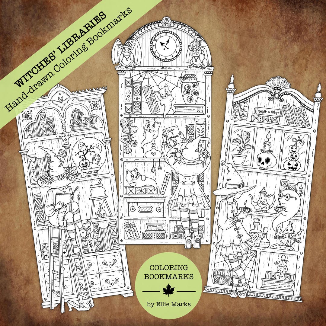Witches Libraries Halloween Coloring Bookmarks Hand Drawn Spooky Gift ...