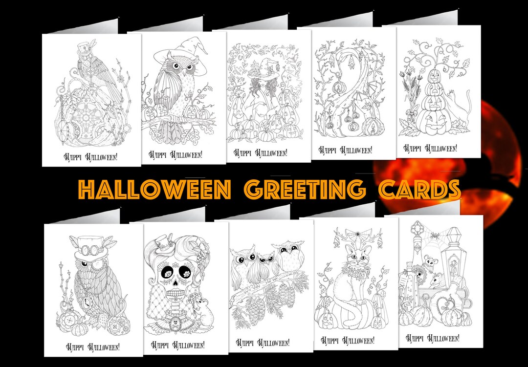 Set of 10 Printable Coloring Halloween Greeting Cards - PDF - Etsy