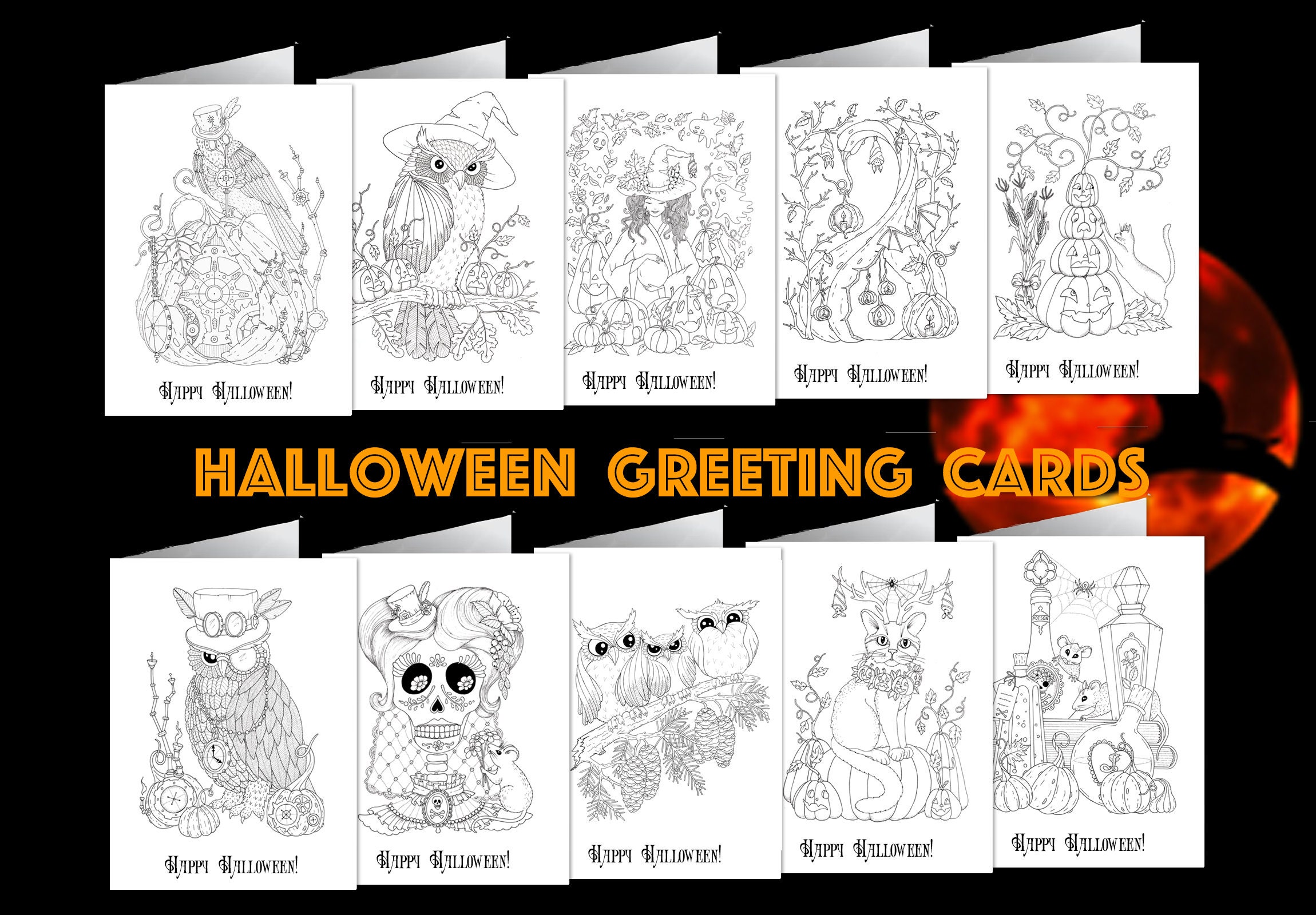 Set of 10 Printable Coloring Halloween Greeting Cards - PDF - Etsy