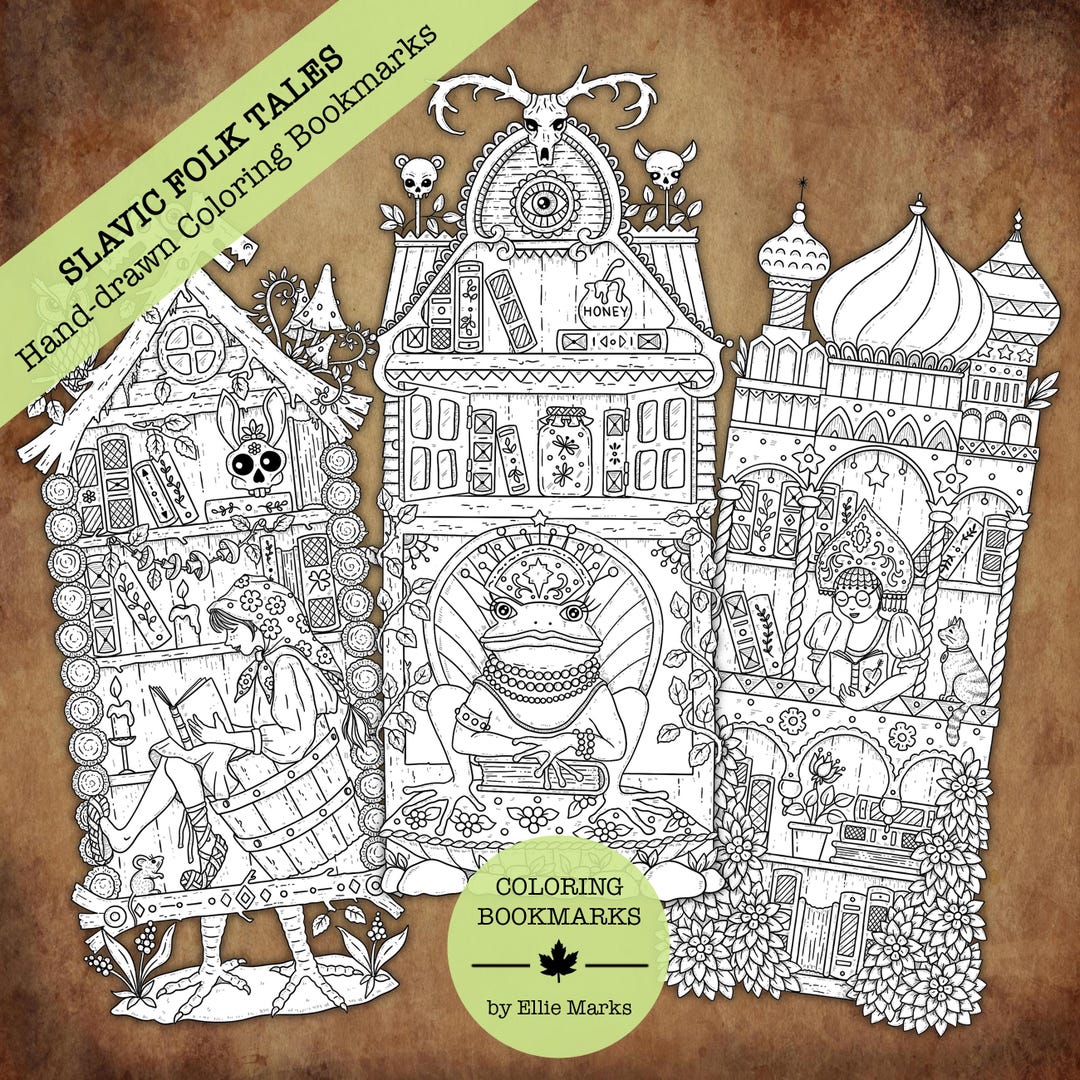 3 Slavic Folk Tales Hand Drawn Coloring Bookmarks Baba Yaga Frog ...
