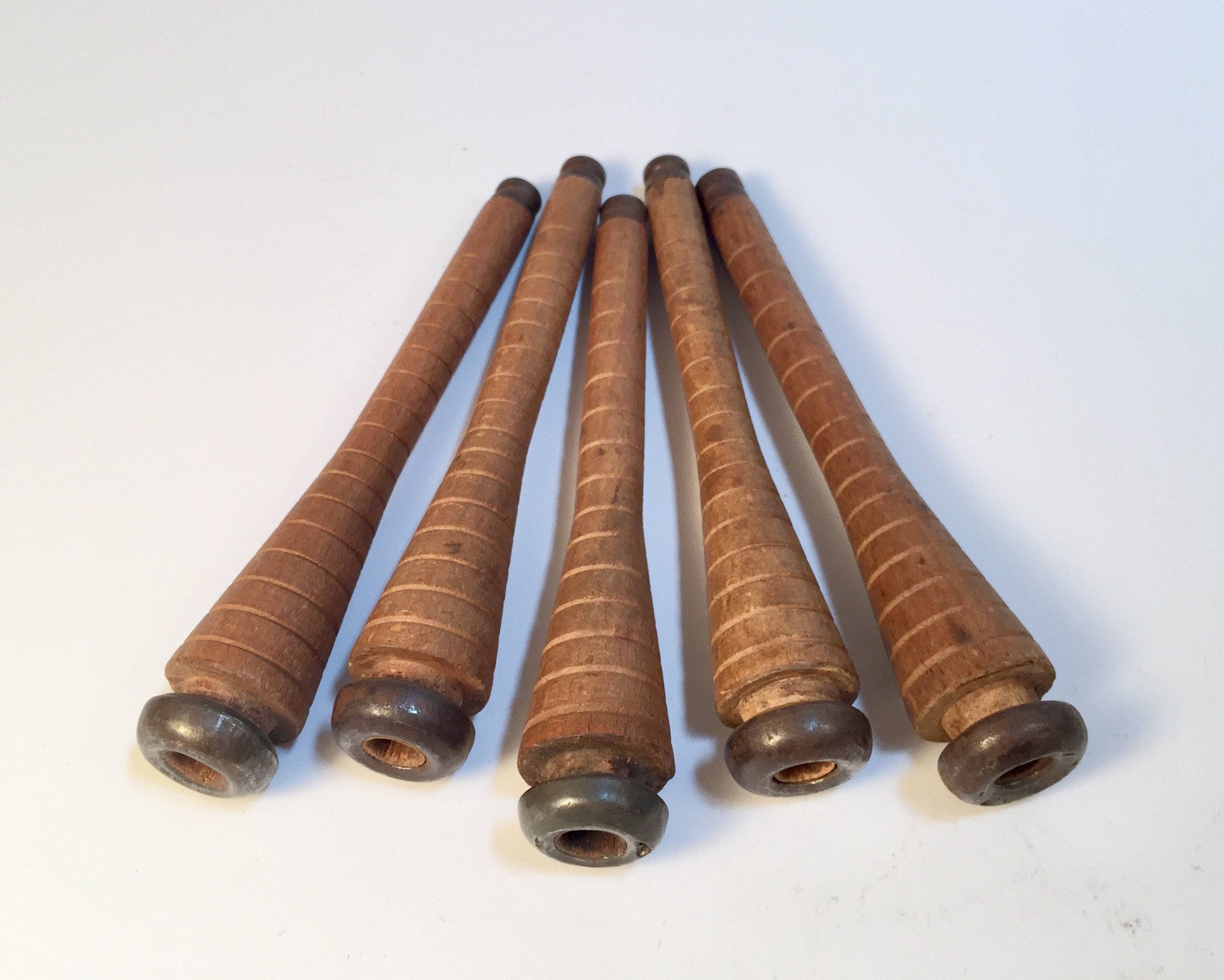 Set of Five Vintage Wood and Brass Textile Bobbins, Loom Spindles ...
