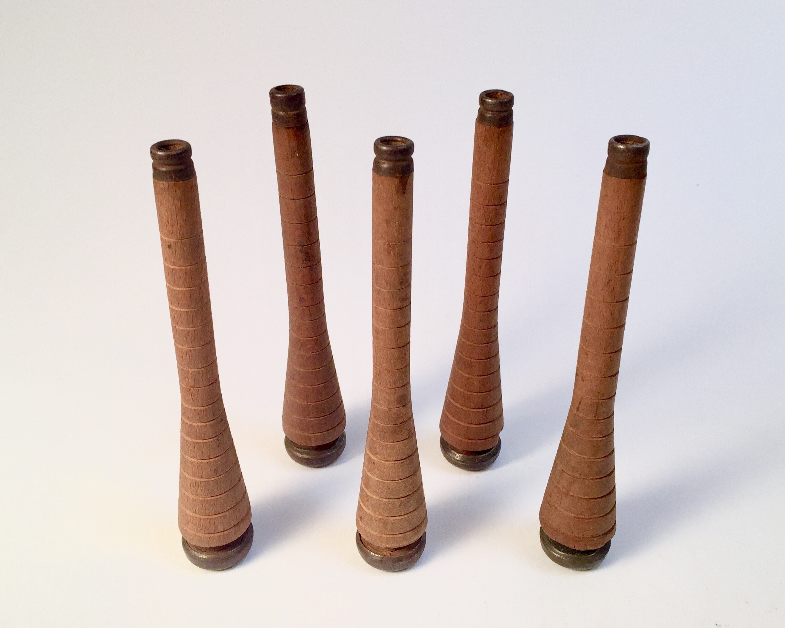 Set of Five Vintage Wood and Brass Textile Bobbins, Loom Spindles ...