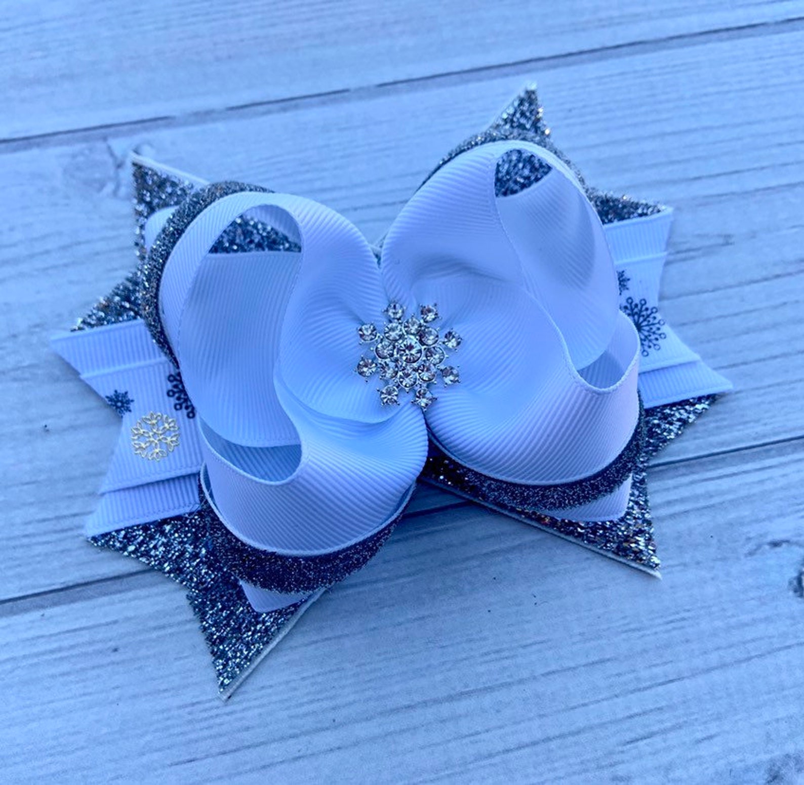 White Silver Snowflake Hair Bow Winter Hair Bow Holiday - Etsy