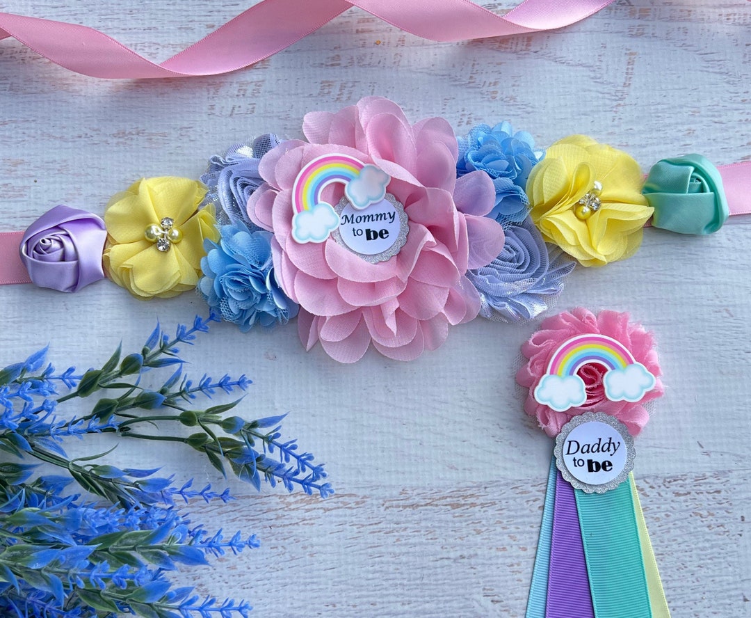 Pastel Rainbow Baby Shower Sash, Daddy to Be and Family Corsage - Etsy