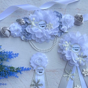 Winter Wonderland Baby Shower Sash, White Silver Snowflake Maternity ...