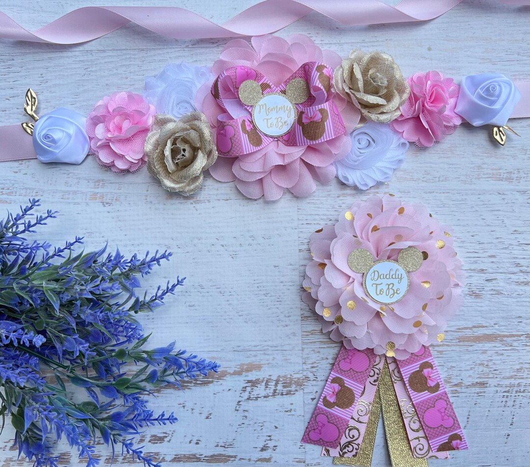Minnie Mouse Maternity Sash , Pink Gold Minnie Mouse Baby Shower Sash ...