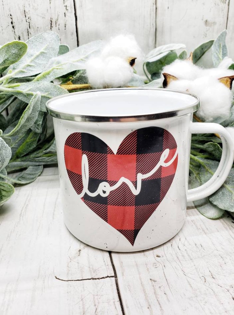 Buffalo Plaid Heart Mug, Valentine's Day Gift, Enamel Campfire Mug - Etsy