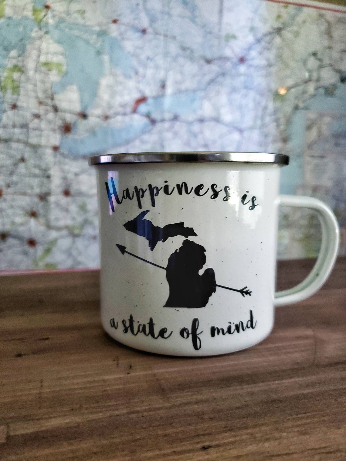 Michigan Coffee Mug Happiness is a State of Mind Enamel Mug - Etsy