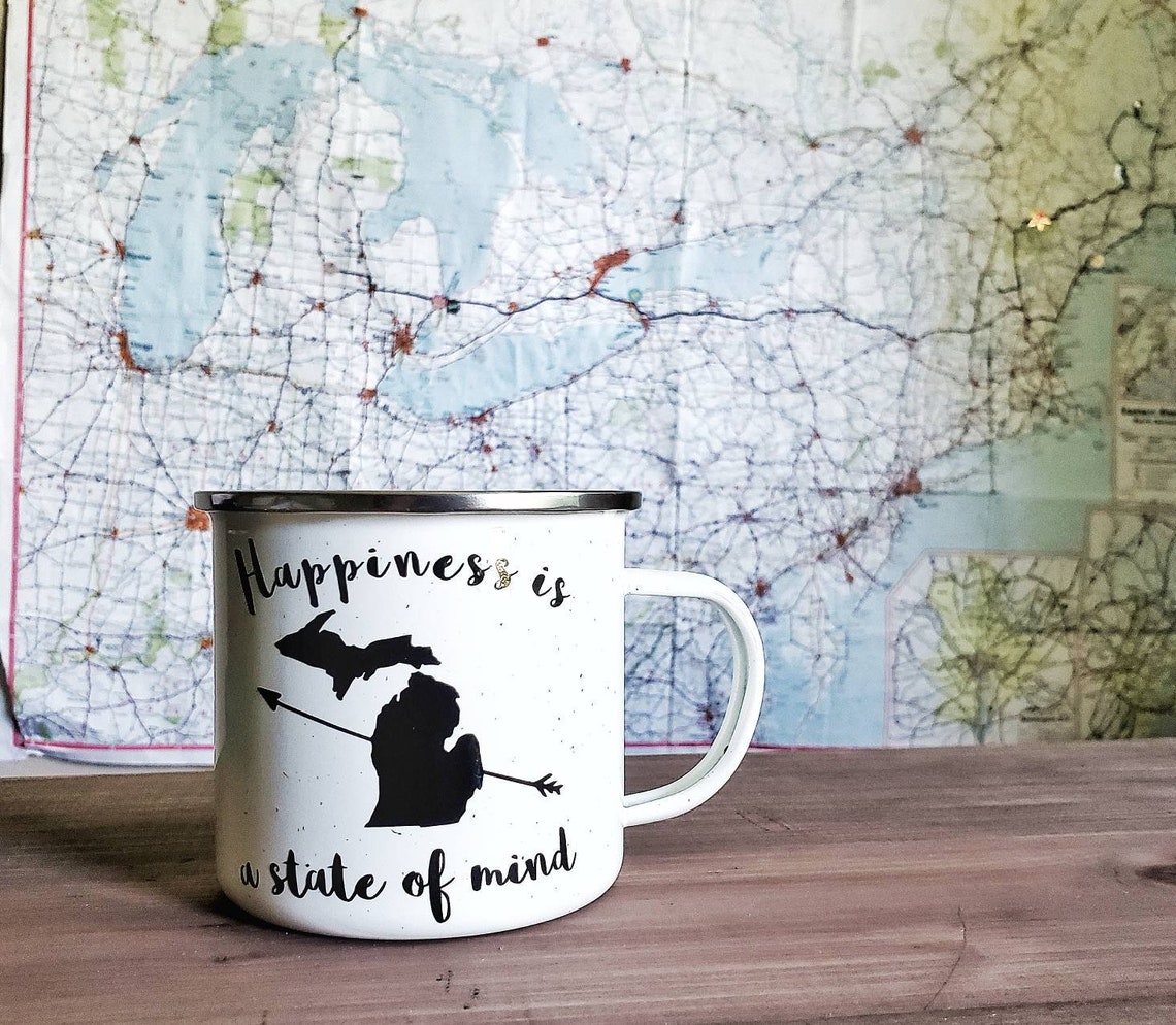 Michigan Coffee Mug, Happiness is a State of Mind Enamel Mug, Michigan ...