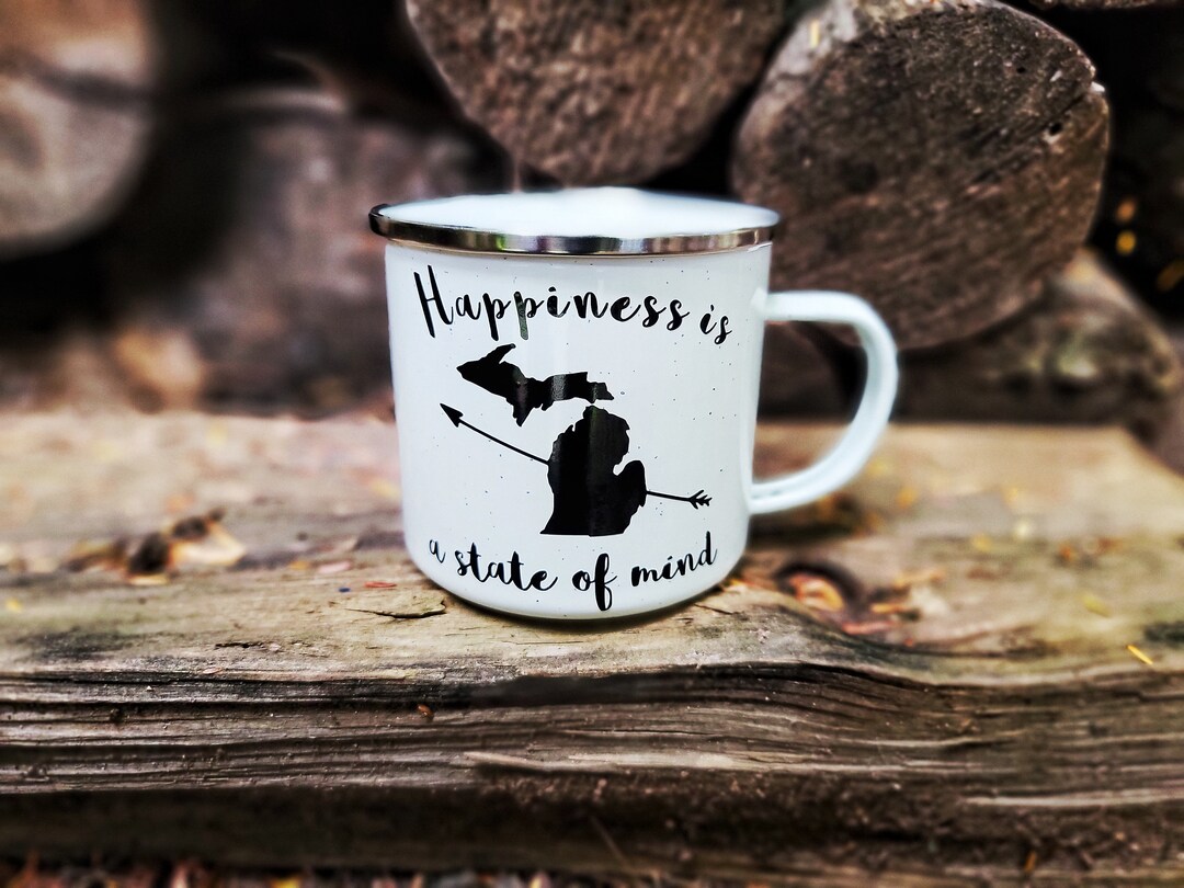 Michigan Coffee Mug, Happiness is a State of Mind Enamel Mug, Michigan ...