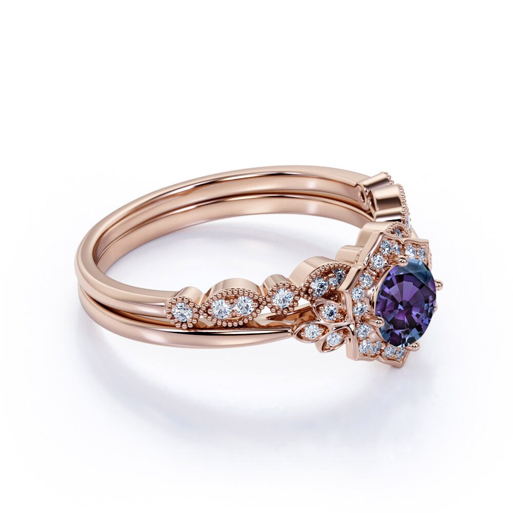Vintage Alexandrite Bridal Set in 14K Rose Gold Flower Halo - Etsy