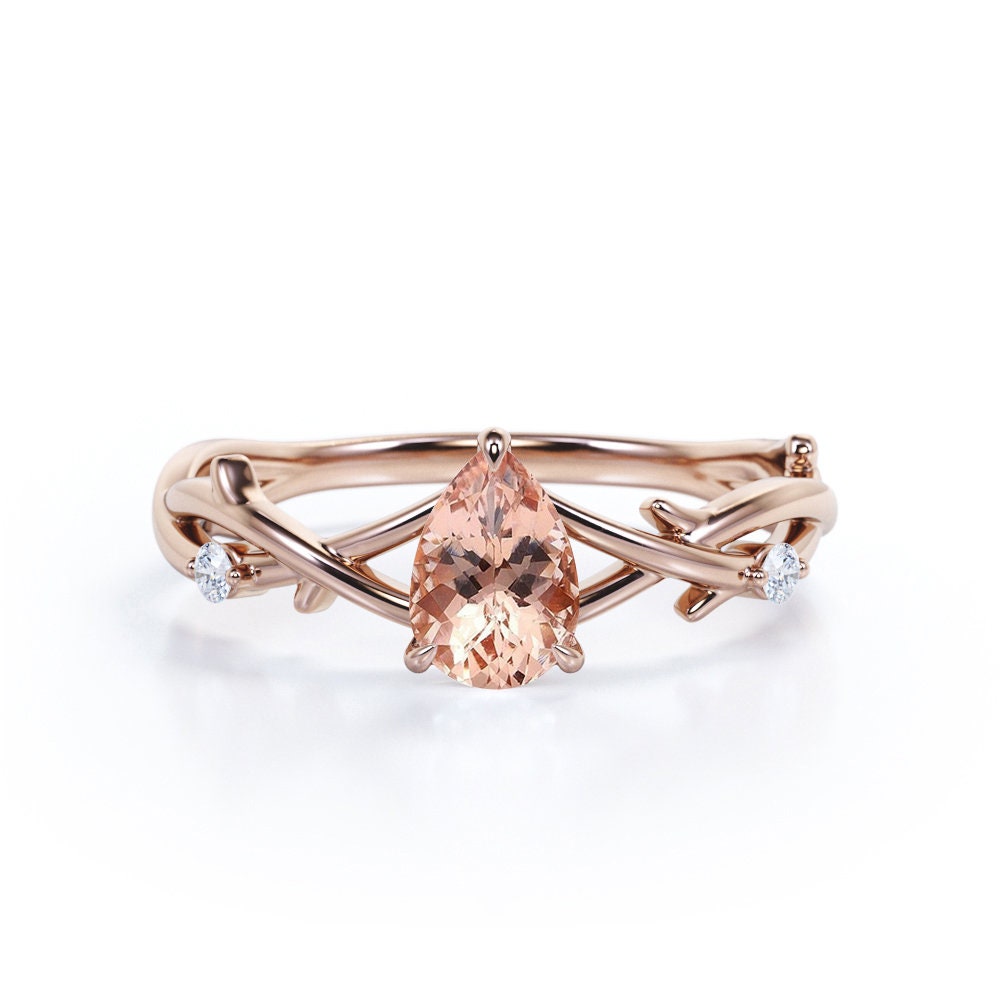 Pear Cut Morganite Ring Twig Ring Peach Pink Morganite Ring | Etsy
