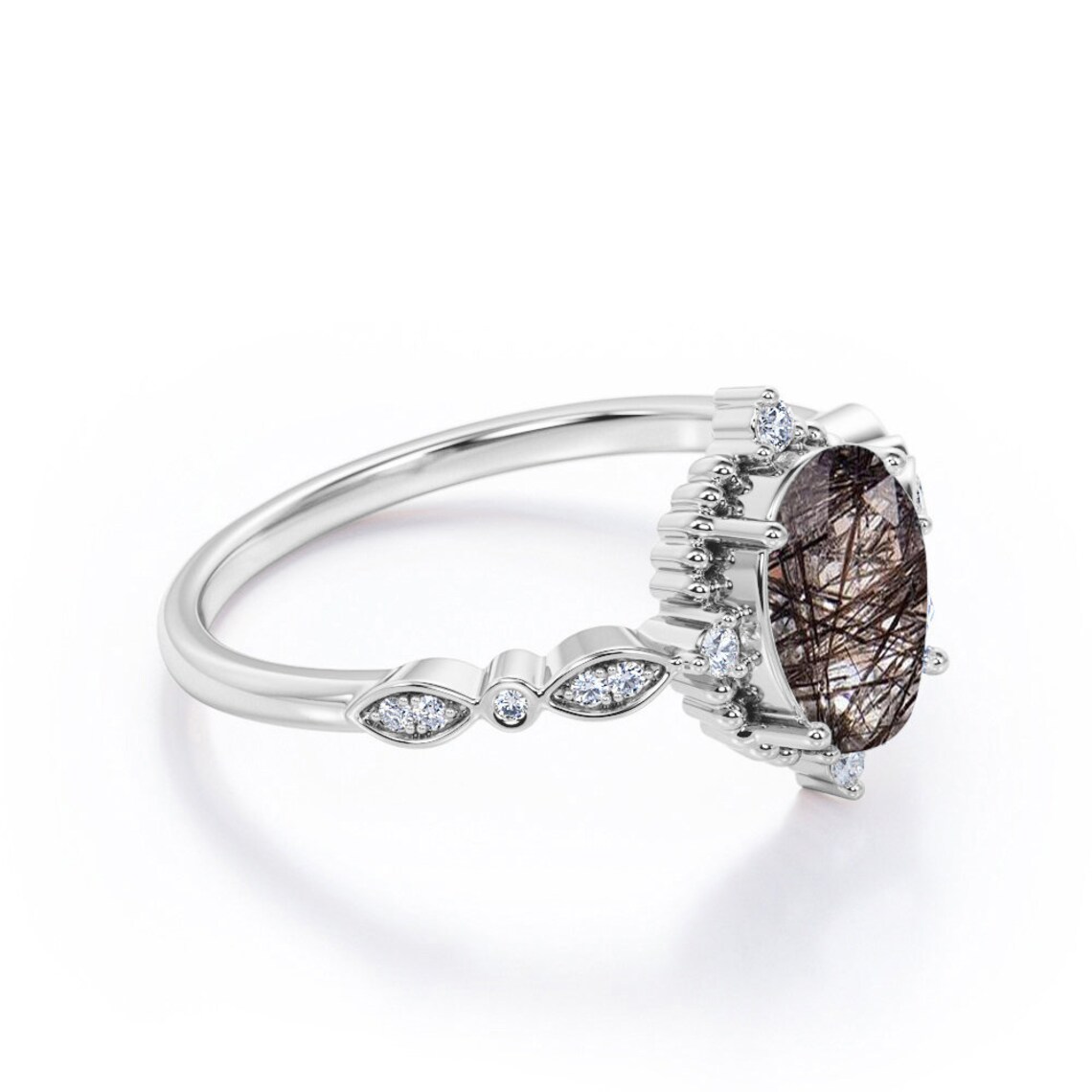 Vintage White Gold Black Rutilated Quartz Engagement Ring Big | Etsy