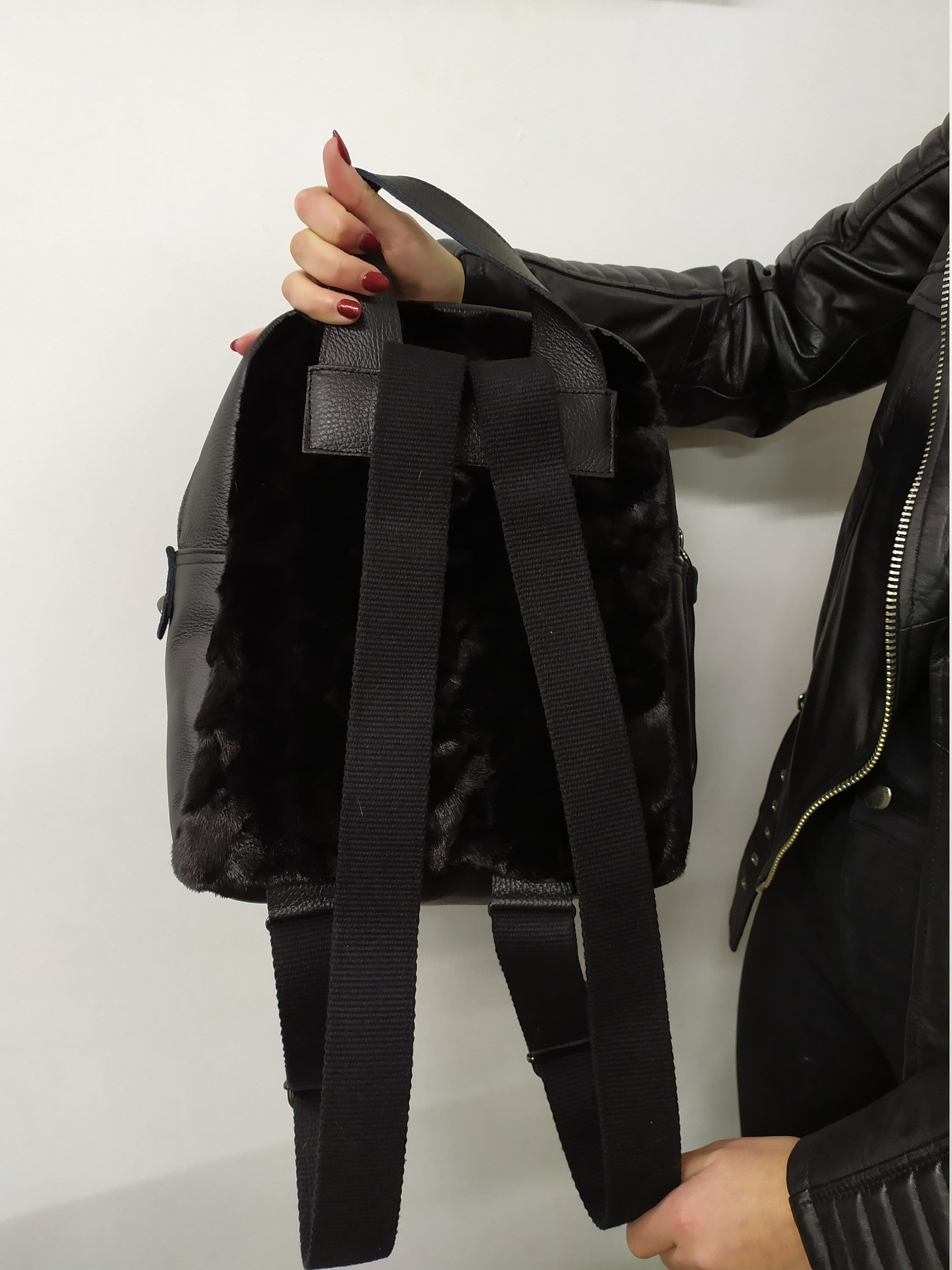 Mink Fur & Leather Backpack Black Color High Quality of | Etsy