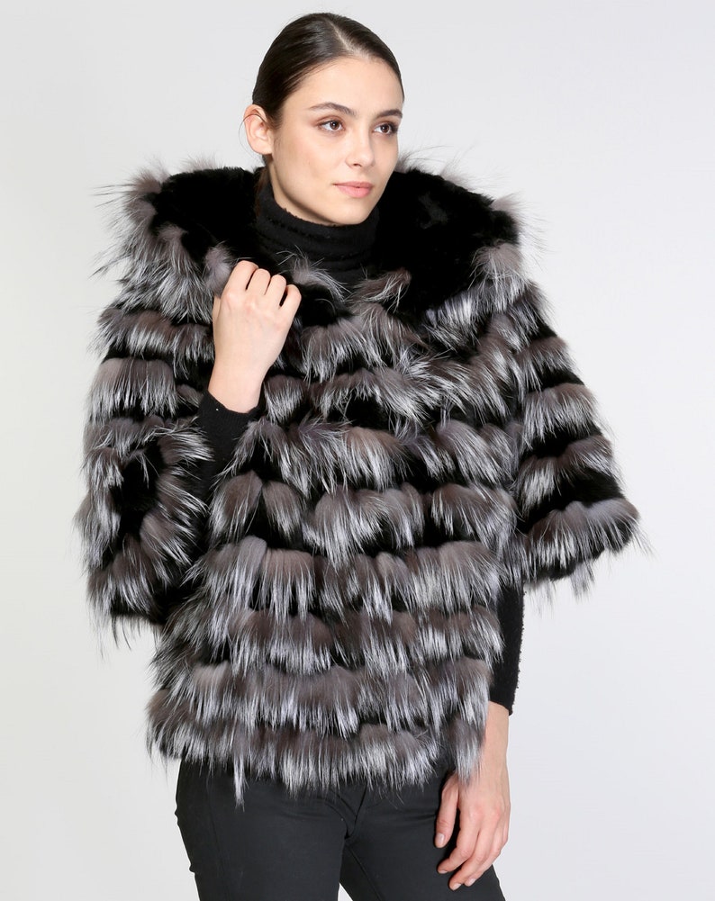 Real Fur silver Fox with Rex Rabbit Cape poncho with Hood | Etsy