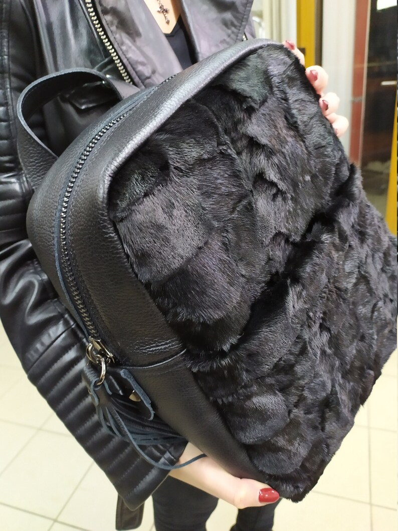 Mink Fur & Leather Backpack Black Color High Quality of - Etsy
