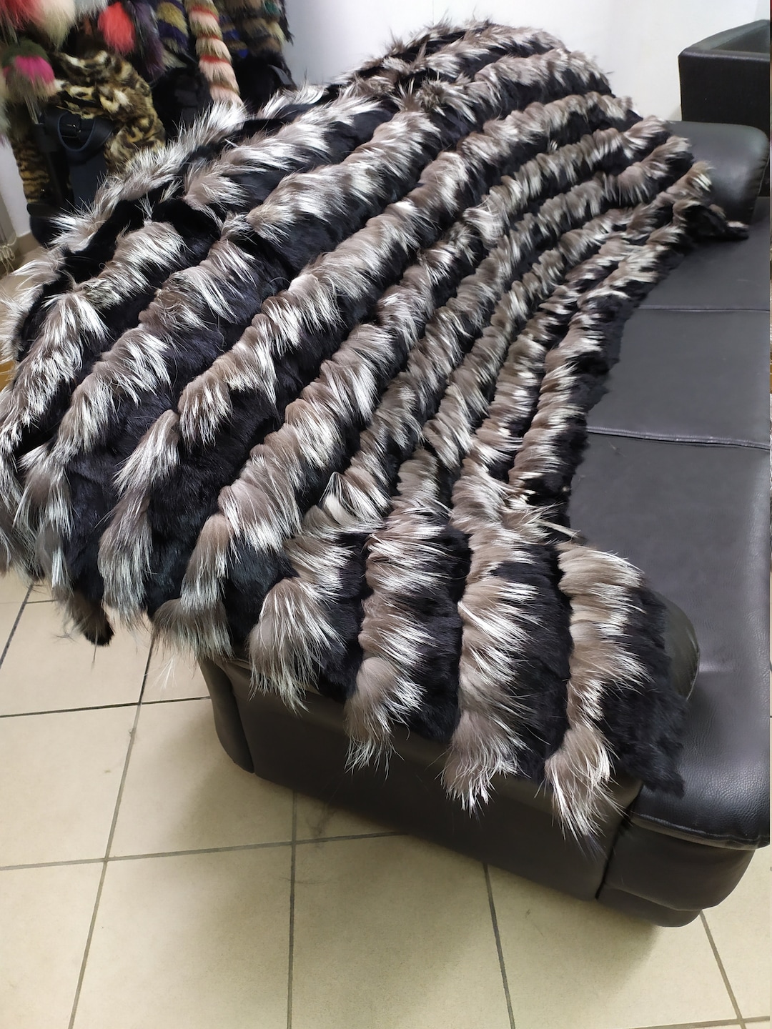 Real Fox Rabbit Fur Blanket Throw Silver and Black Color, Home Warmer ...