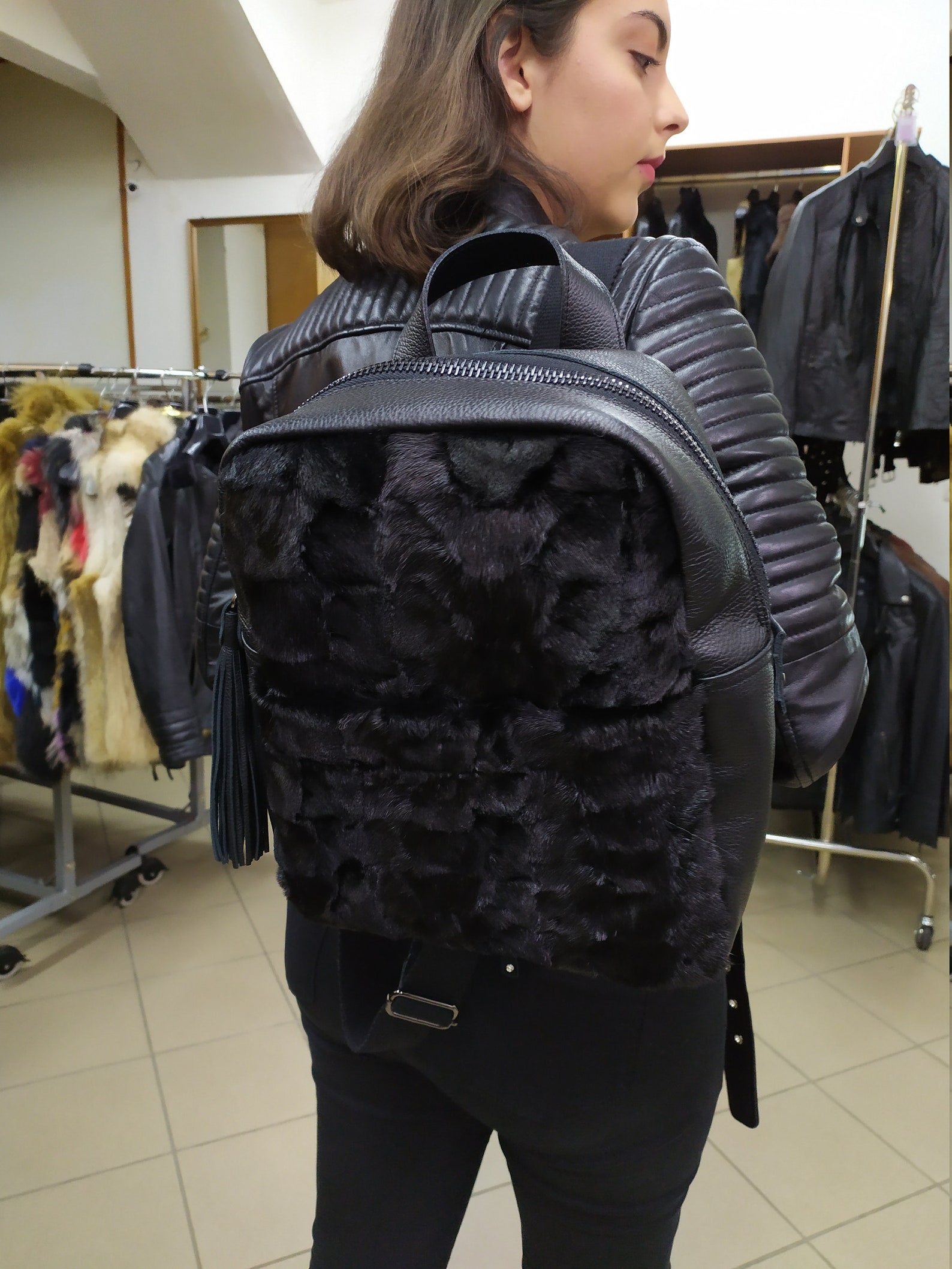 Mink Fur & Leather Backpack Black Color High Quality of | Etsy