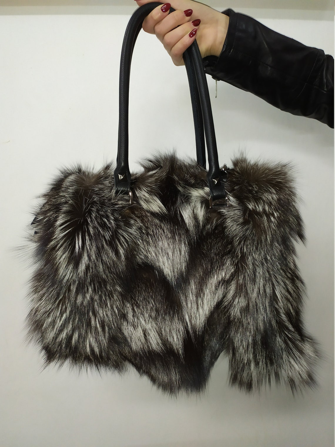 Real Fur Fox Mink Bag Silver and Black Colour Fox Fur With - Etsy