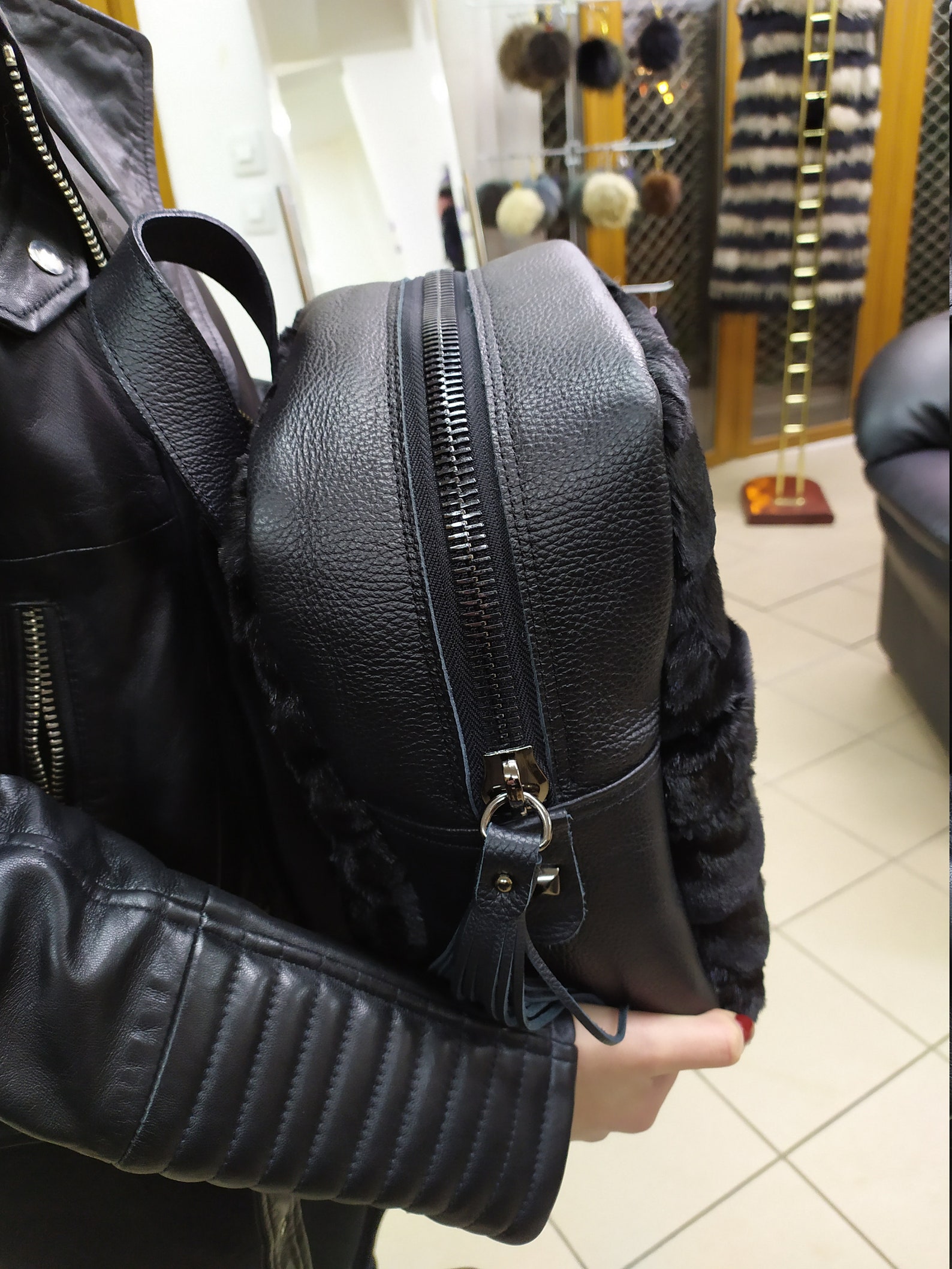 Mink Fur & Leather Backpack Black Color High Quality of | Etsy
