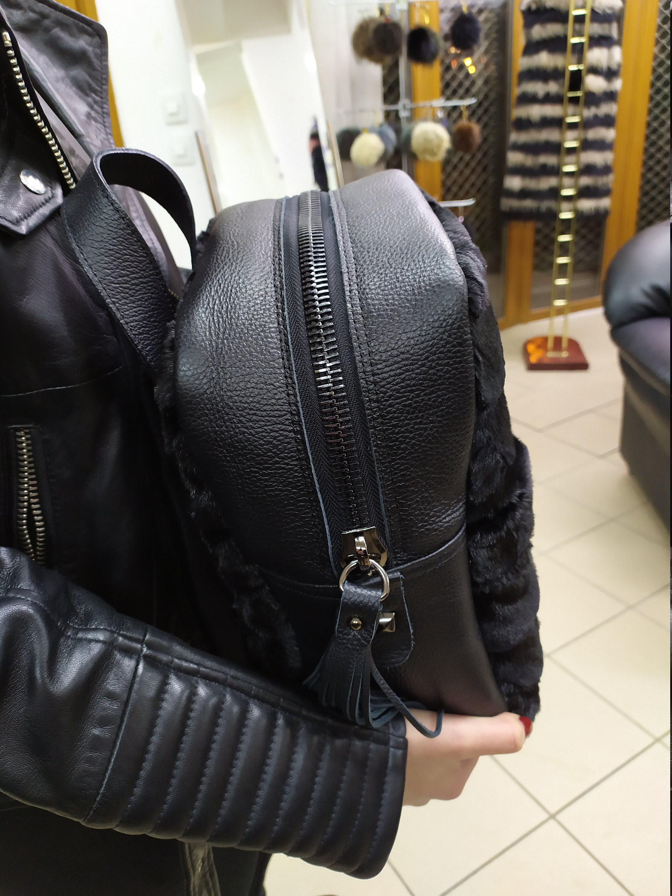 Mink Fur & Leather Backpack Black Color High Quality of - Etsy