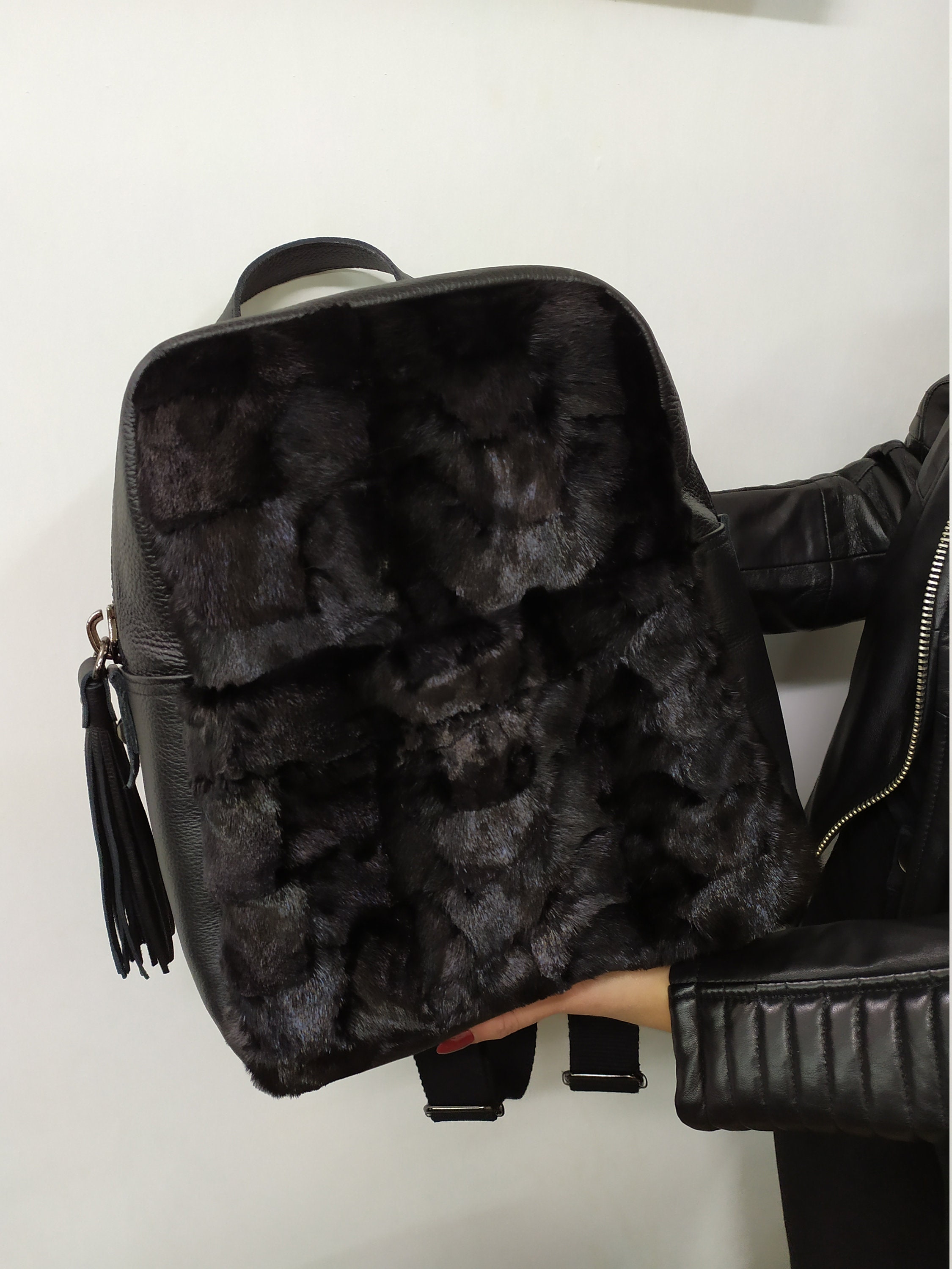 Mink Fur & Leather Backpack Black Color High Quality of - Etsy