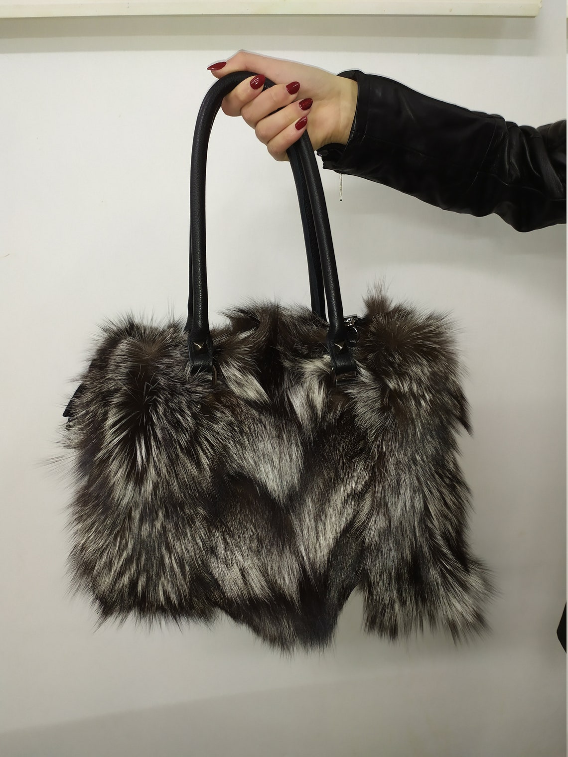 Real Fur Fox Mink Bag Silver and Black Colour Fox Fur With - Etsy