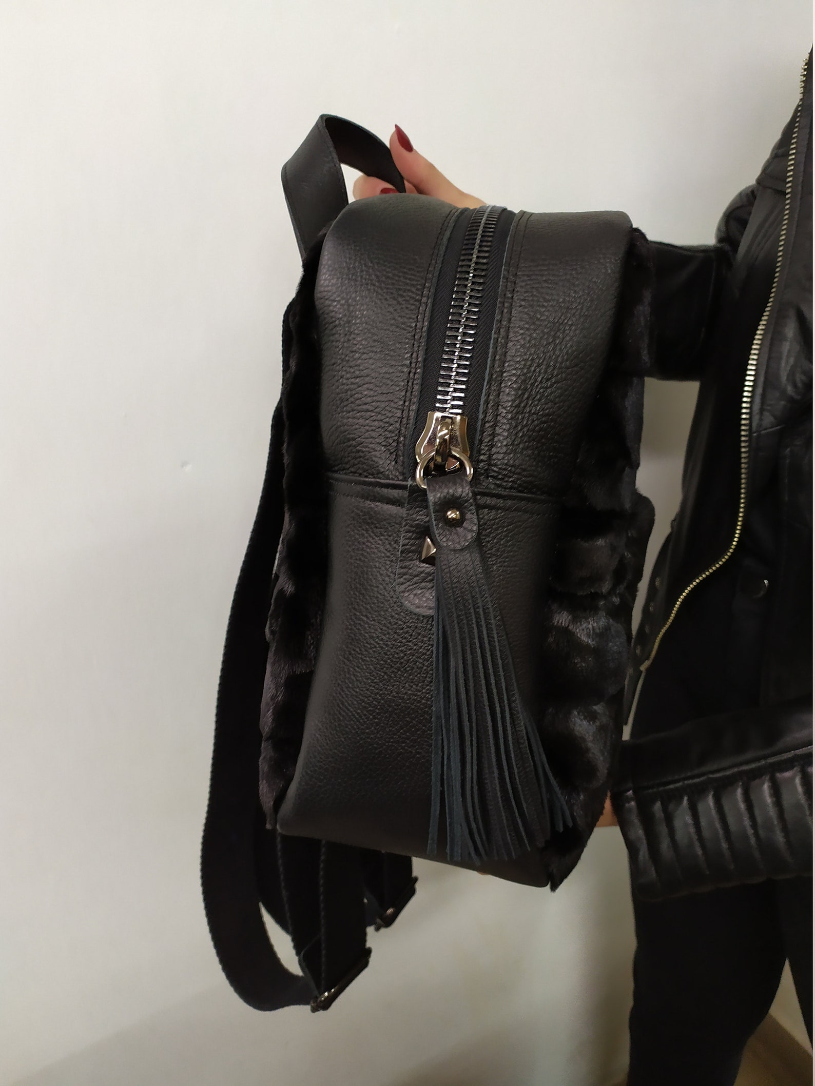 Mink Fur & Leather Backpack Black Color High Quality of - Etsy