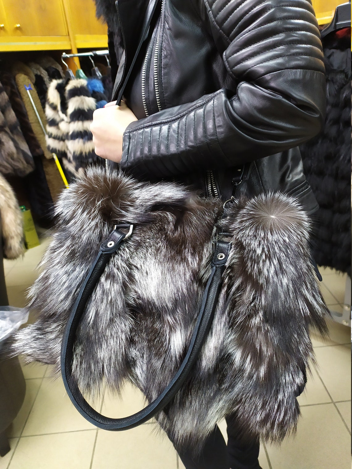 Real Fur Fox Mink Bag Silver and Black Colour Fox Fur With - Etsy