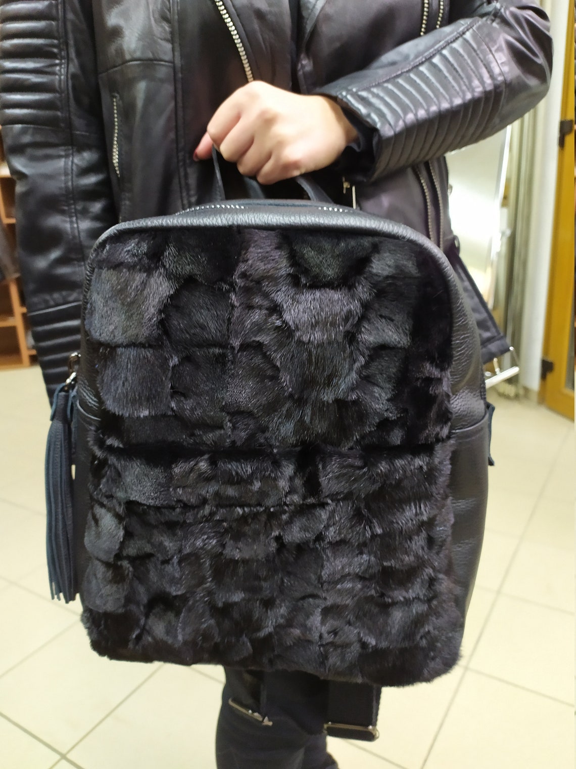 Mink Fur & Leather Backpack Black Color High Quality of | Etsy