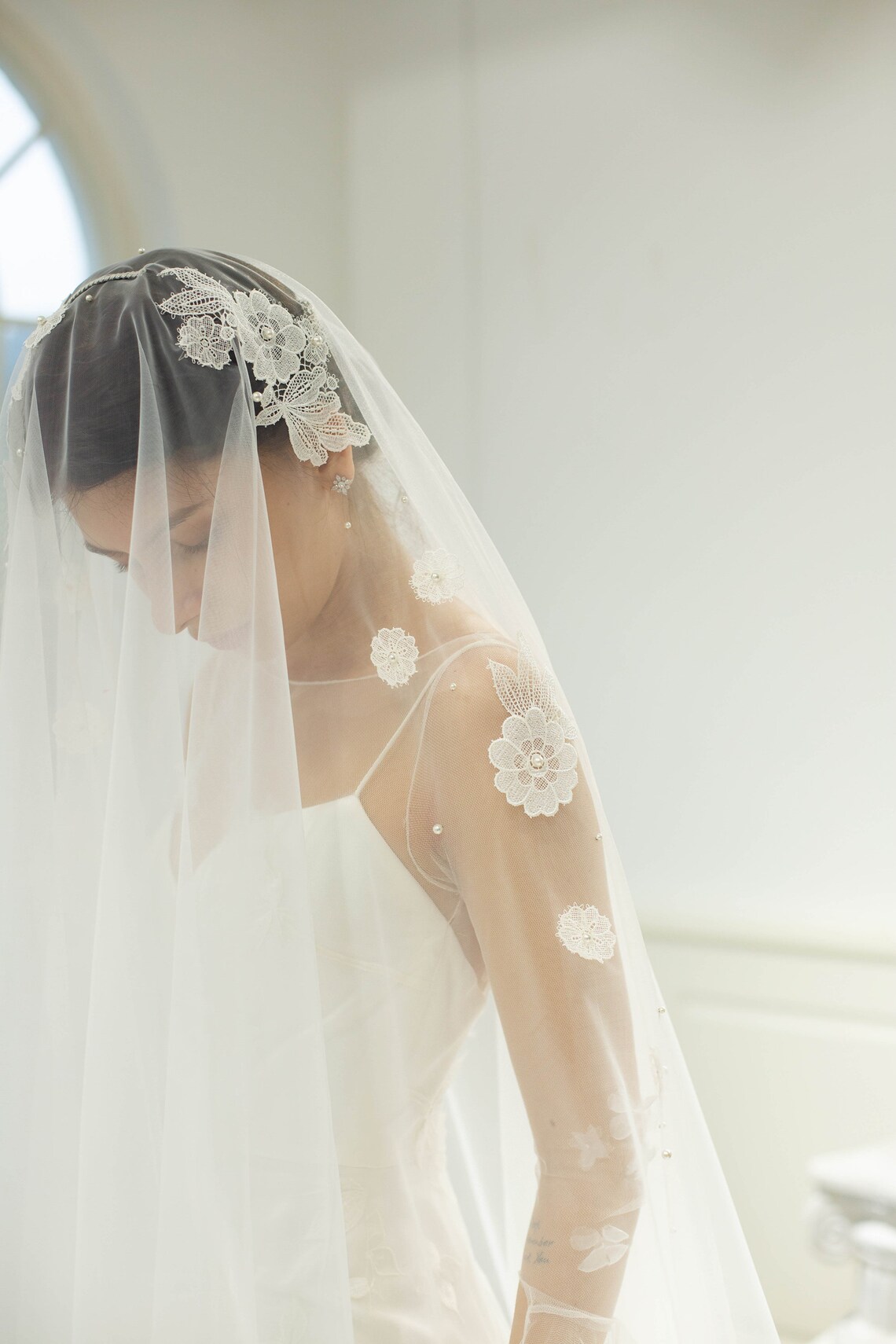 Soft Ivory Tulle, Pearl Wedding Veil With Flora Lace , Cathedral ...