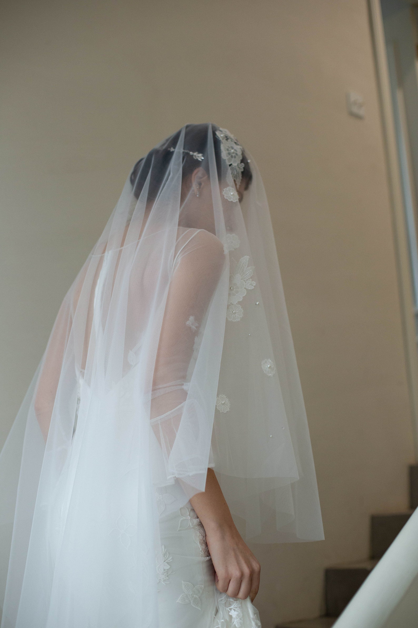 Soft Ivory Tulle, Pearl Wedding Veil With Flora Lace , Cathedral ...