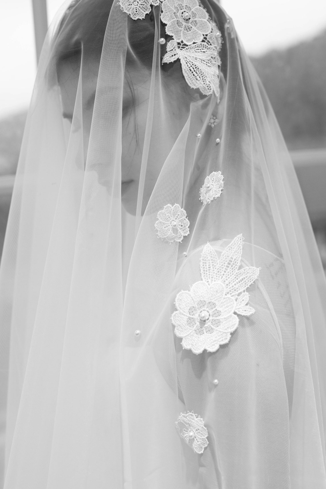 Soft Ivory Tulle, Pearl Wedding Veil With Flora Lace , Cathedral ...