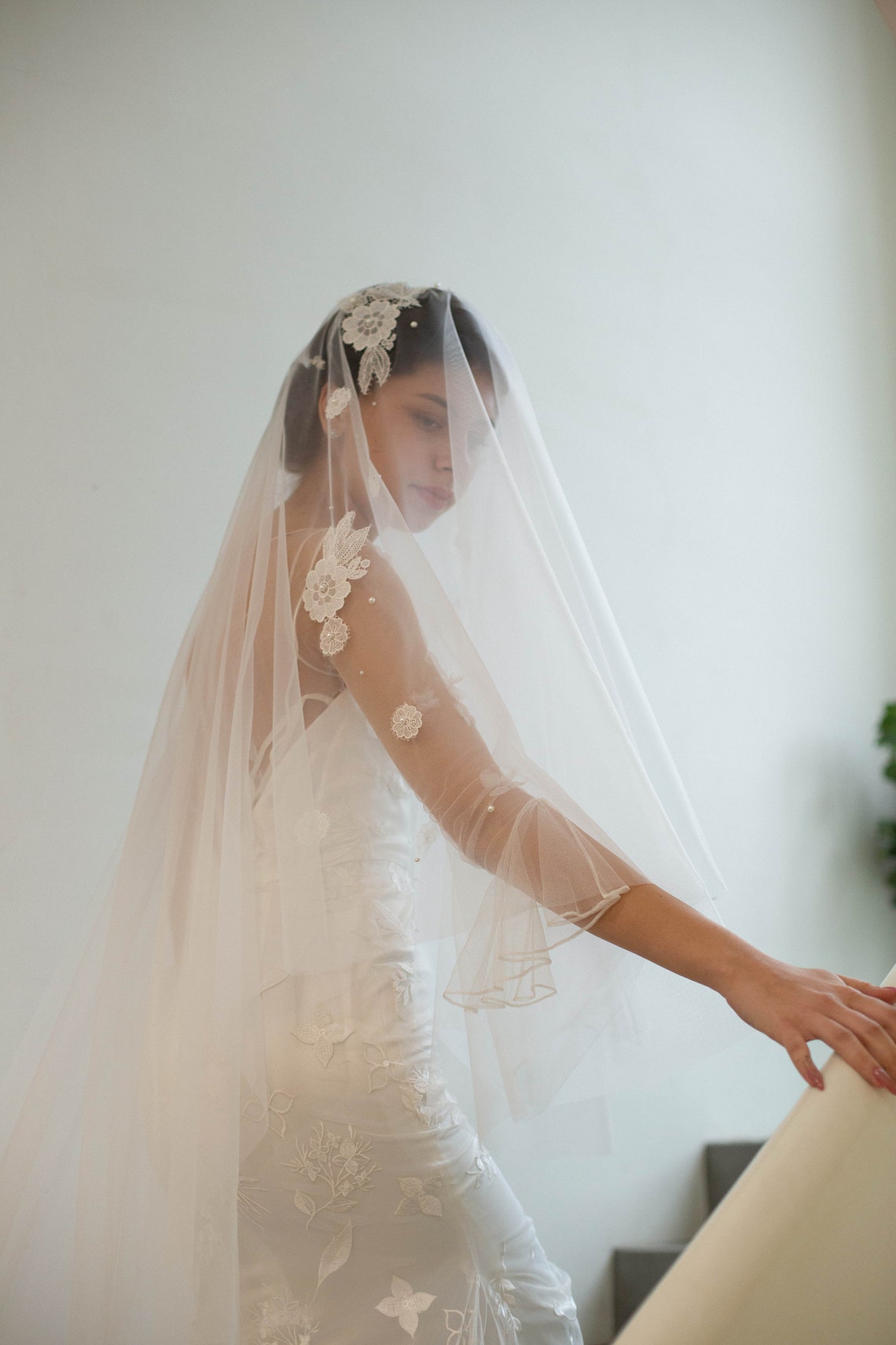 Soft Ivory Tulle, Pearl Wedding Veil With Flora Lace , Cathedral ...