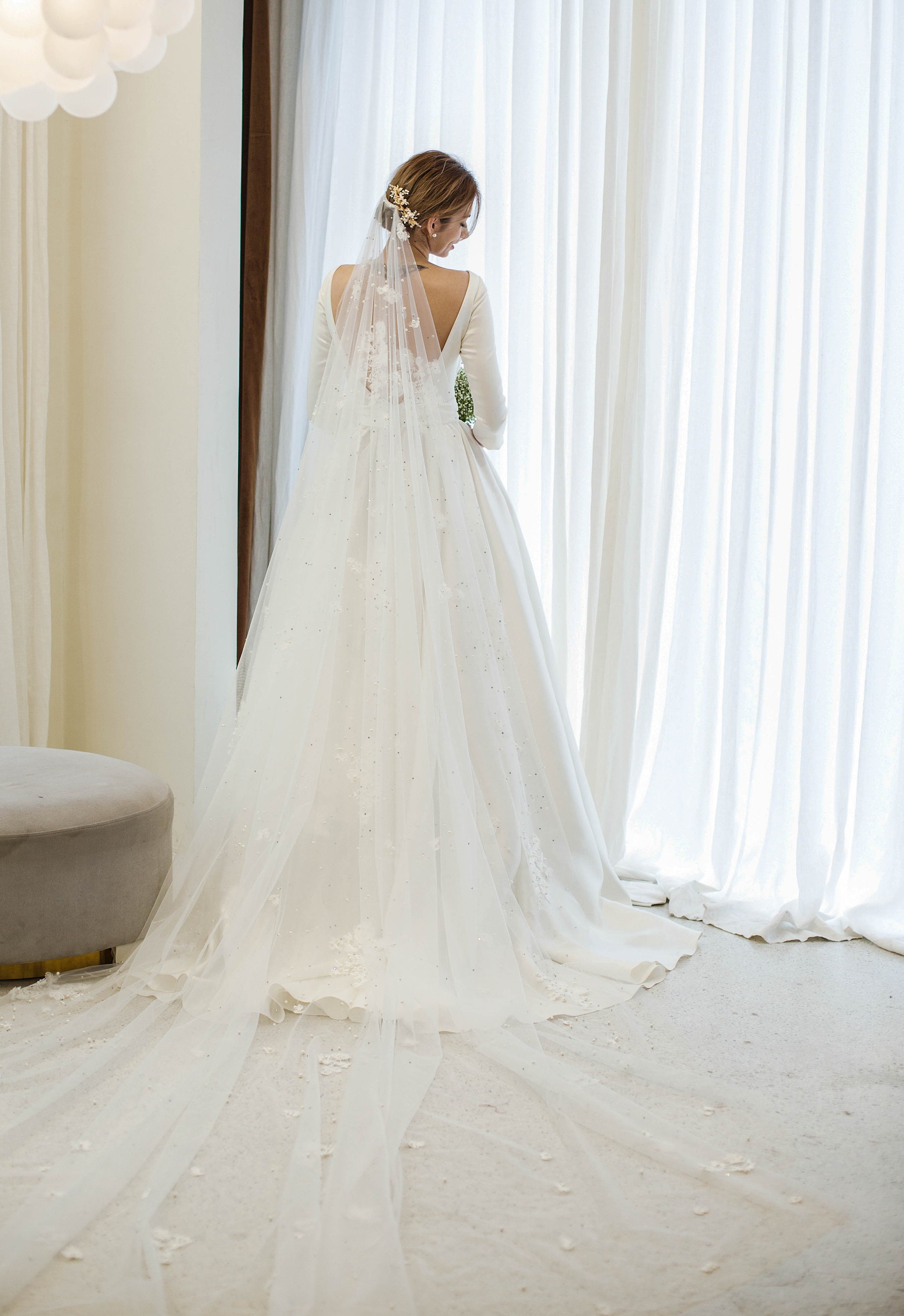 Soft Ivory Tulle Wedding Veil With Lace and Pearls Chapel & - Etsy